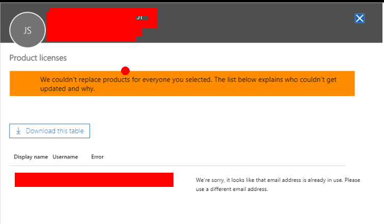 Error in assigning ATP license - We're sorry, it looks like that email address is already in use ...