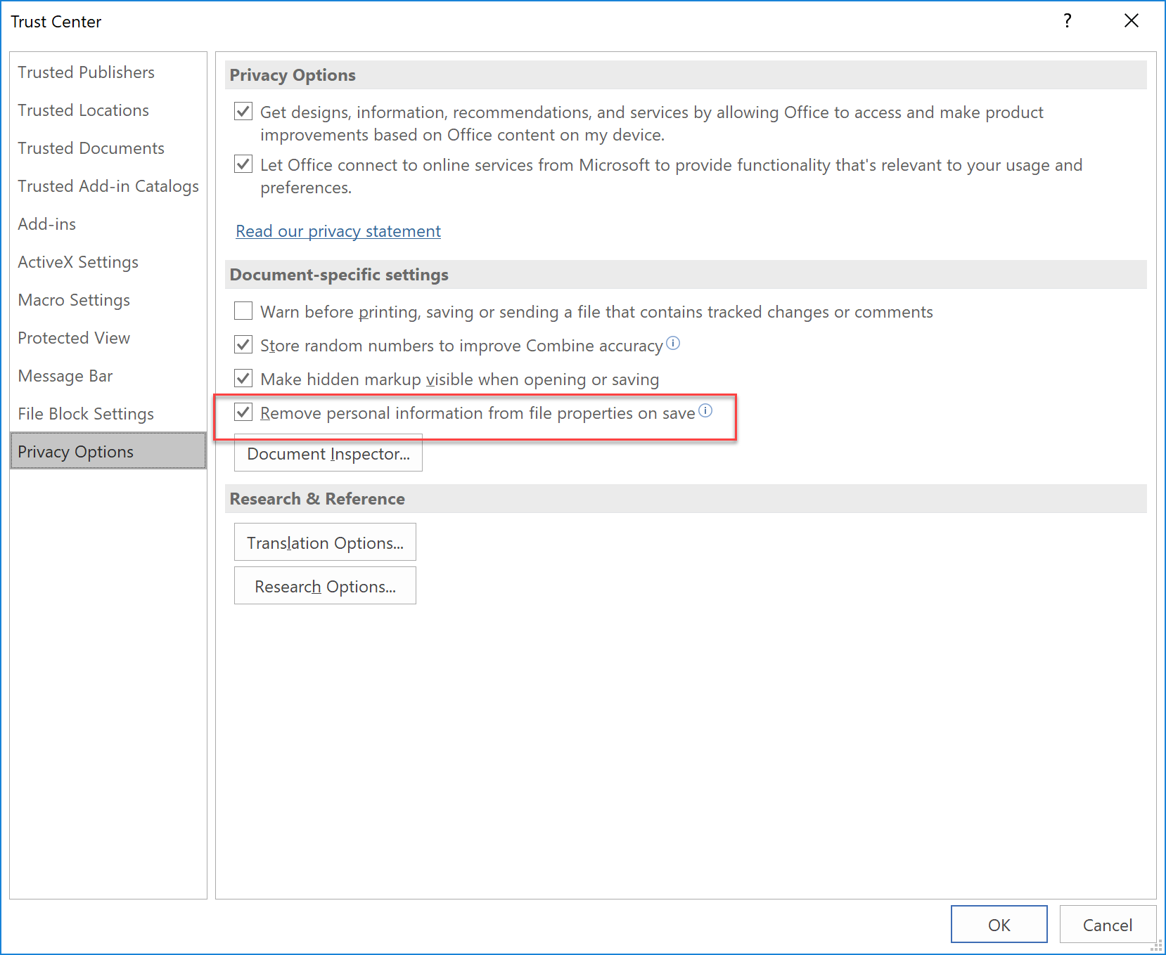 Untick trust center setting to "remove personal information from file ...