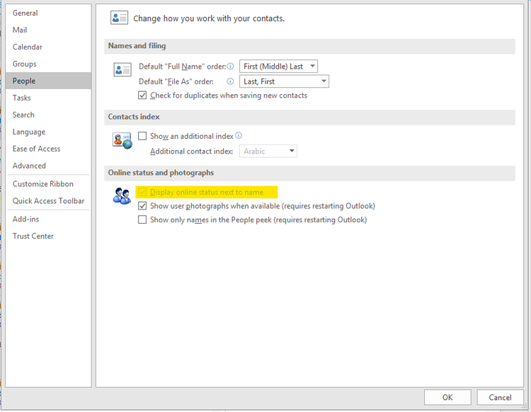 Display online status next to name in Outlook Greyed Out | Microsoft ...