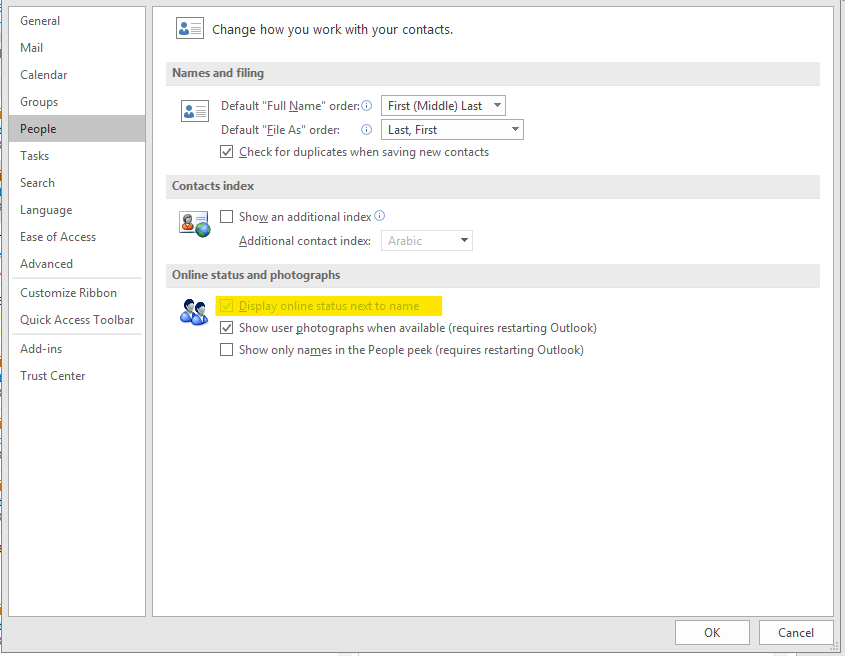 Display online status next to name in Outlook Greyed Out | Microsoft ...