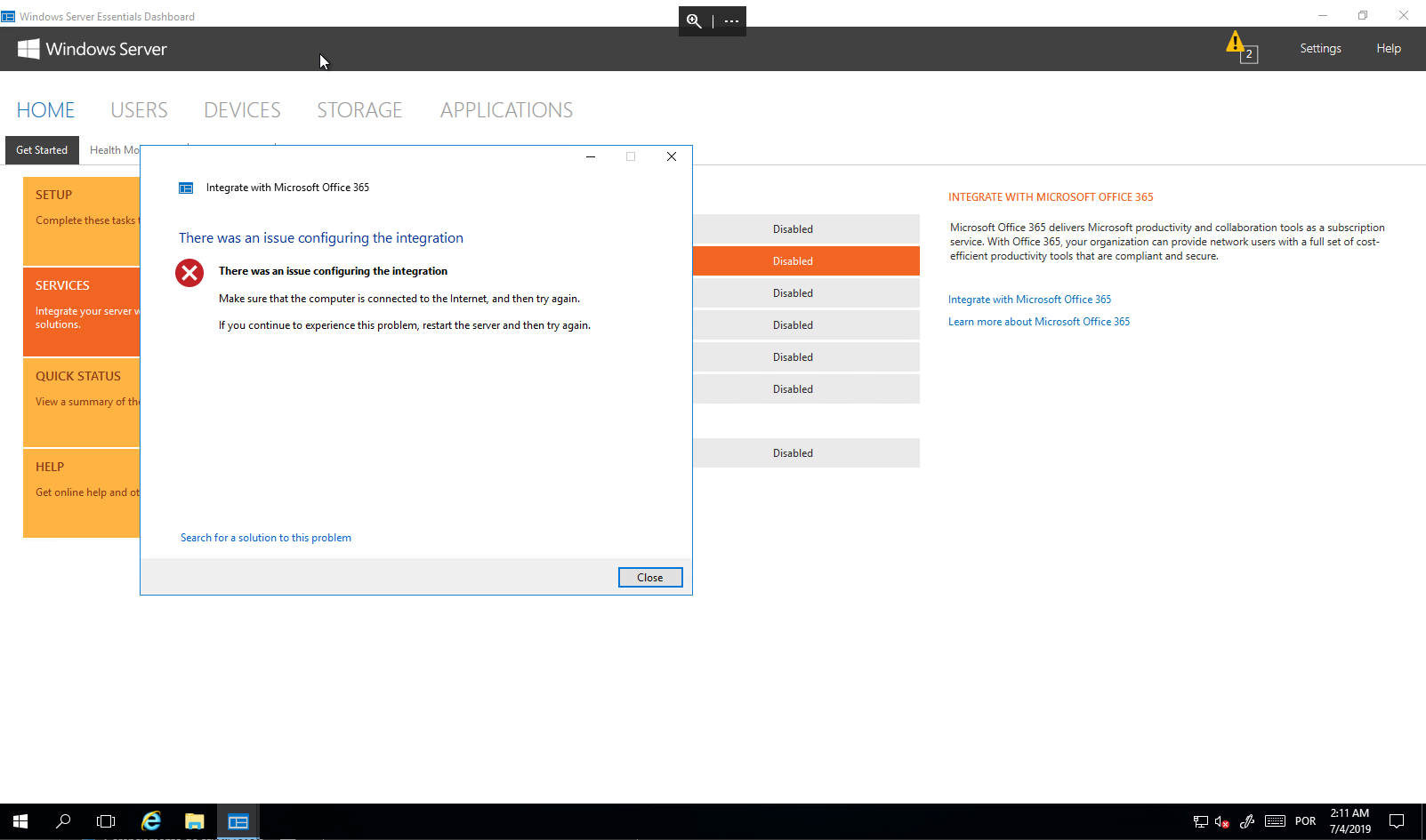 Error in integrating Office 365 with Windows Server 2016 Essentials. | Microsoft Community Hub