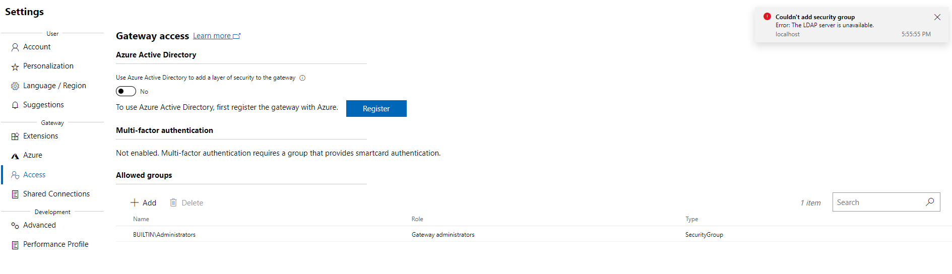 Cannot manage WAC gateway access, can't add any allowed groups ...