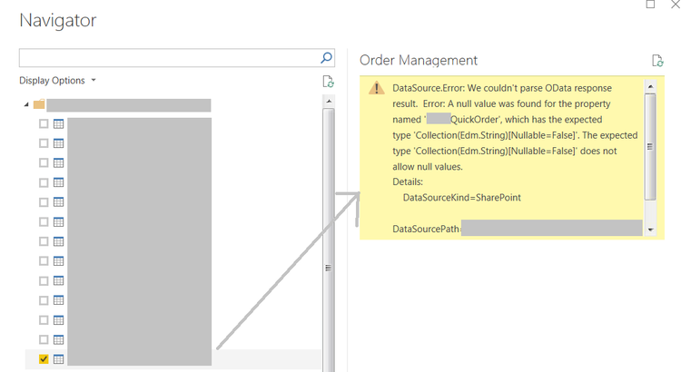 Error connecting sharepoint custom list with PowerBi "We couldn't parse OData response result ...