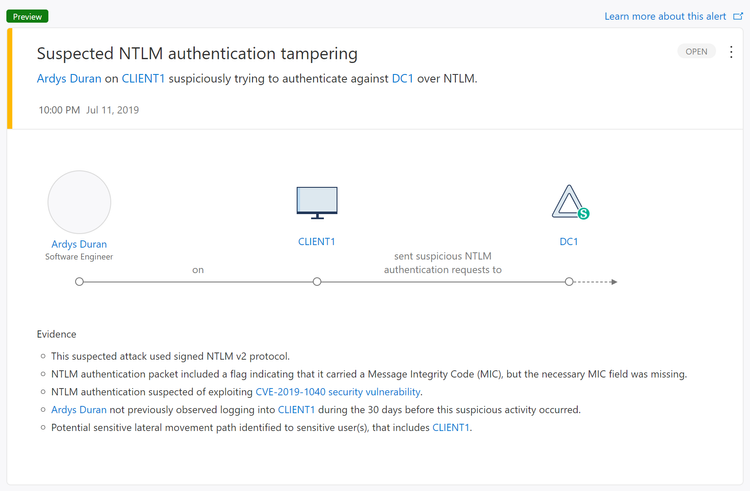 New preview detection: Suspected NTLM authentication tampering ...