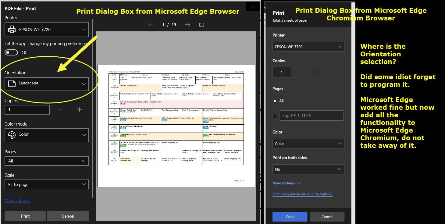 Print Dialog box for Microsoft Edge Chromium v/s Microsoft Edge ...