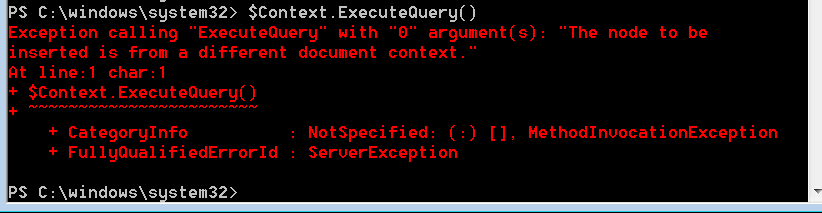 Exception calling "ExecuteQuery" with "0" argument(s): "The node to be inserted is from a ...