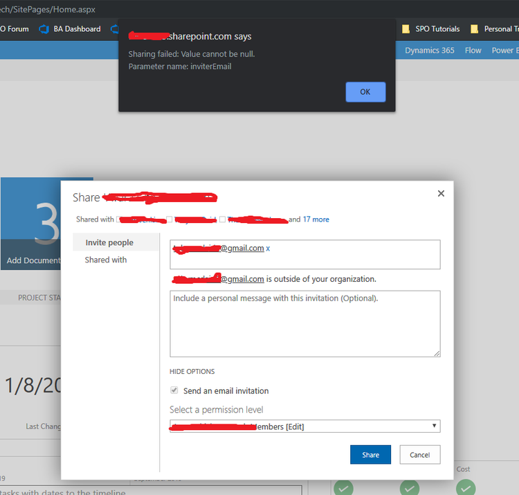 "Sharing failed: value cannot be null" when trying to share a site with an external user ...
