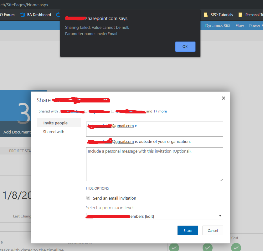"Sharing failed: value cannot be null" when trying to share a site with an external user ...