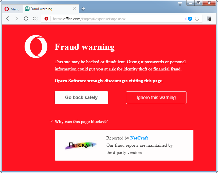 Opera Browser displays a fraud warning when opening a form | Microsoft ...
