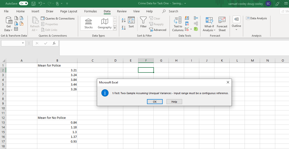 "Contiguous Reference" error when using Data Analysis Tool | Microsoft Community Hub
