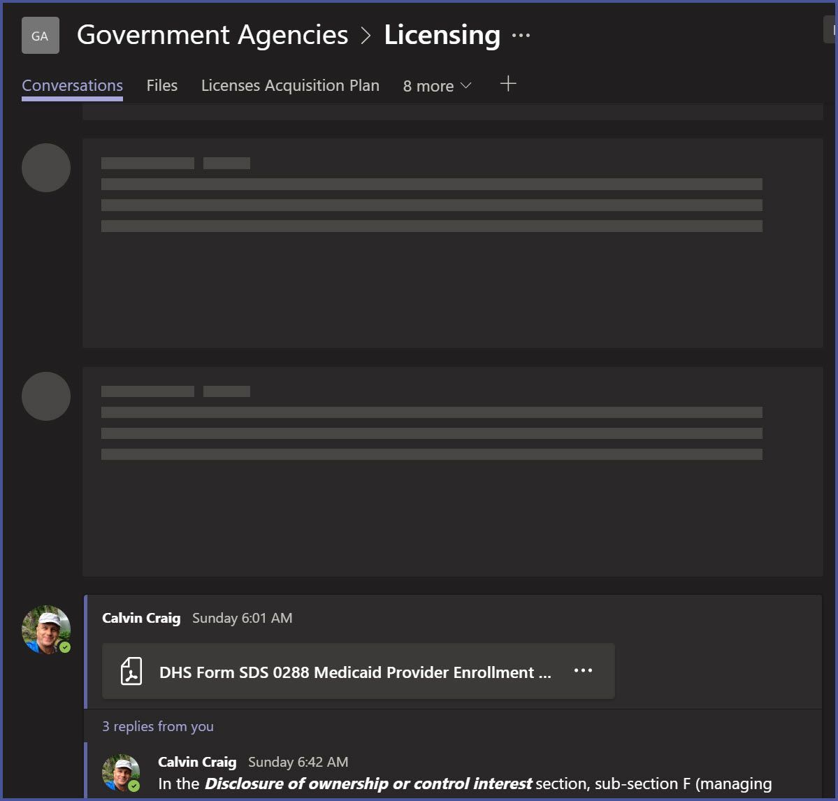 Entries on Conversations tab display as solid gray placeholder bars ...