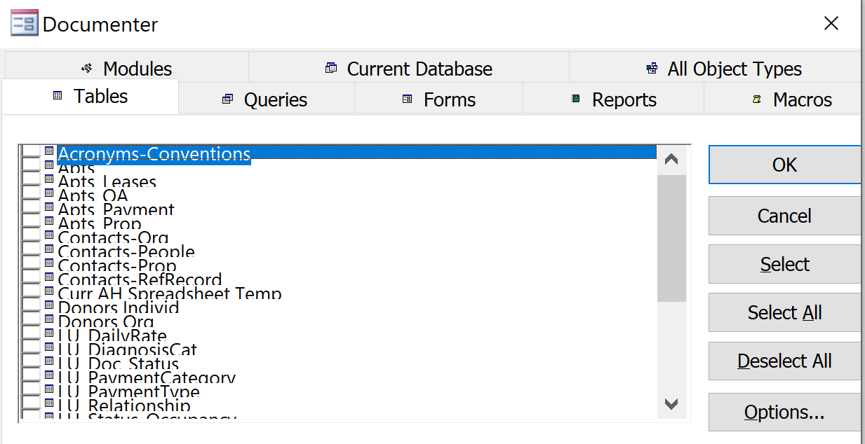 Access "Database Tools" tab dialog for "Database Documenter" lines ...
