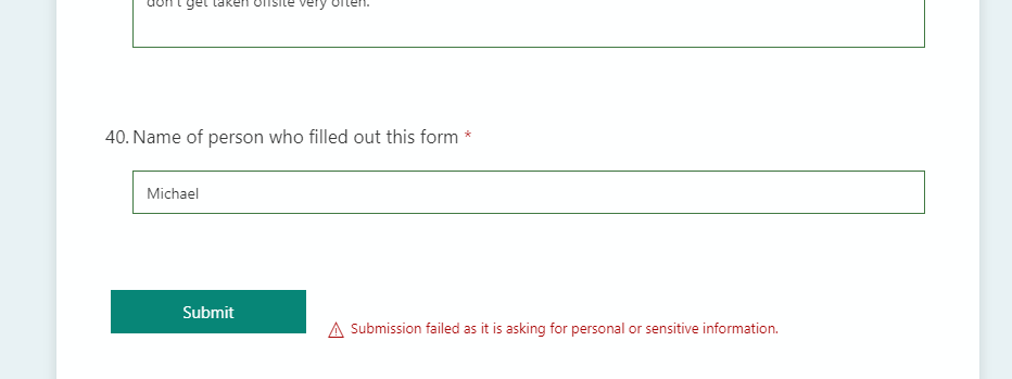 Cannot submit form Submission failed as it is asking for personal or ...