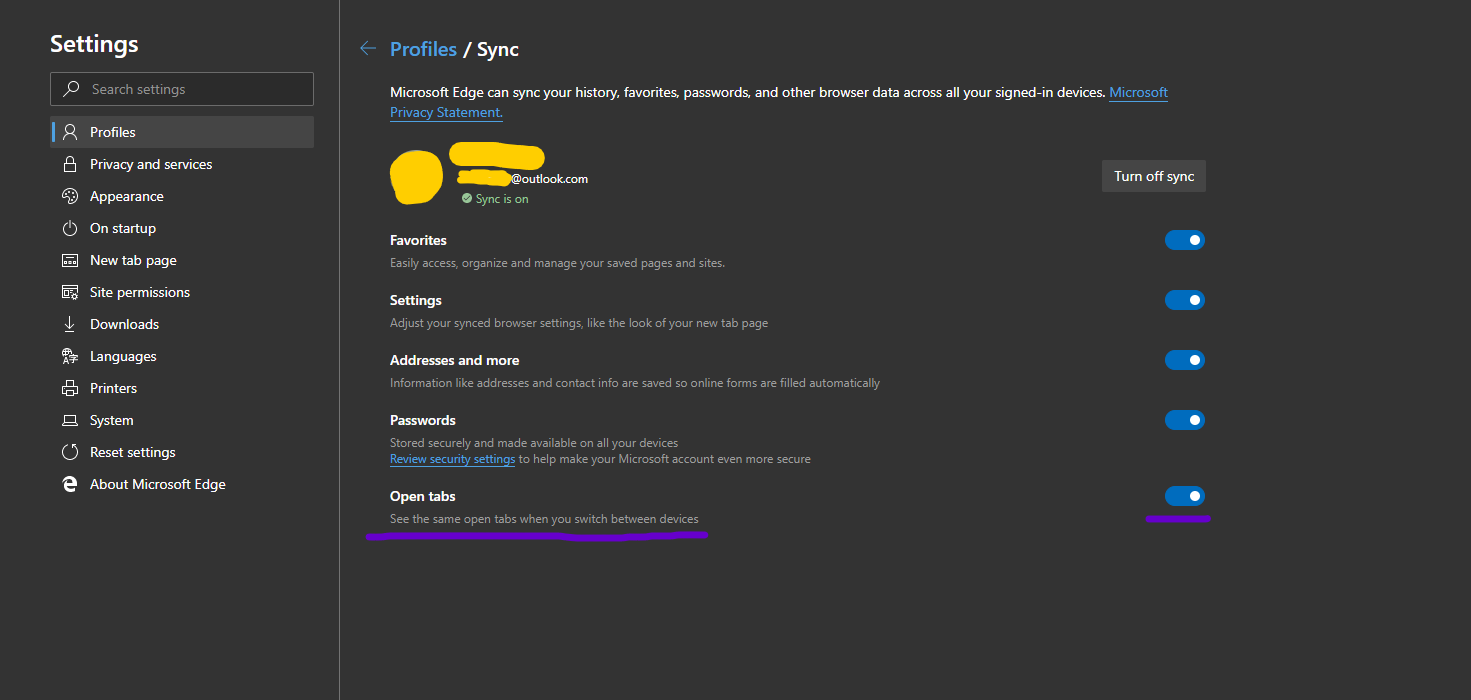 Open Tabs Sync option is Back to "coming soon" state. stay tuned ...
