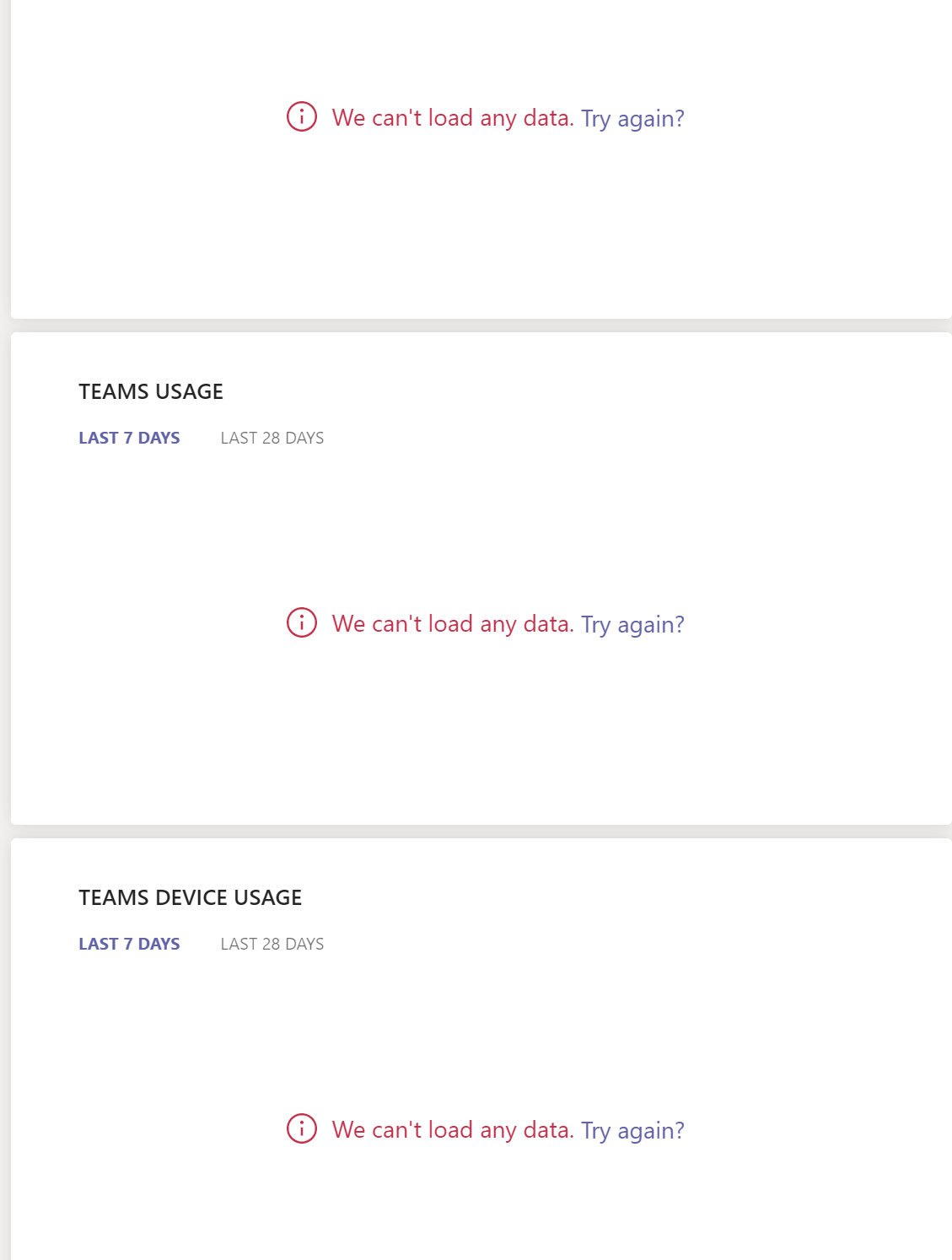 Teams Admin Dashboard - "We can't load any data" Try again? | Microsoft Community Hub