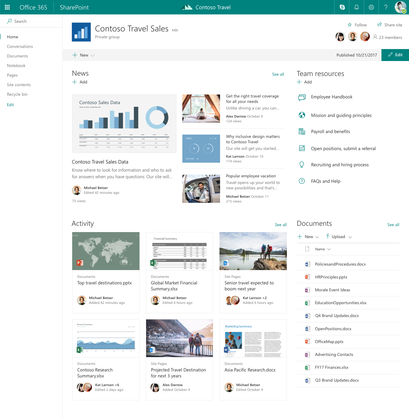 Work better together with SharePoint team sites Office 365 app integrations