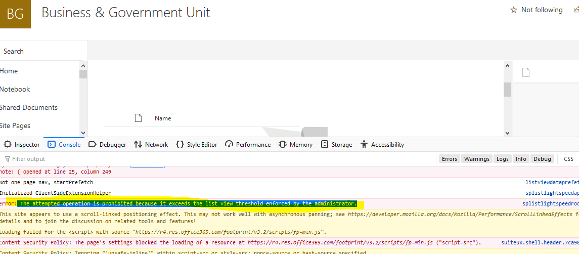 The attempted operation is prohibited because it exceeds the list view threshold for Document ...