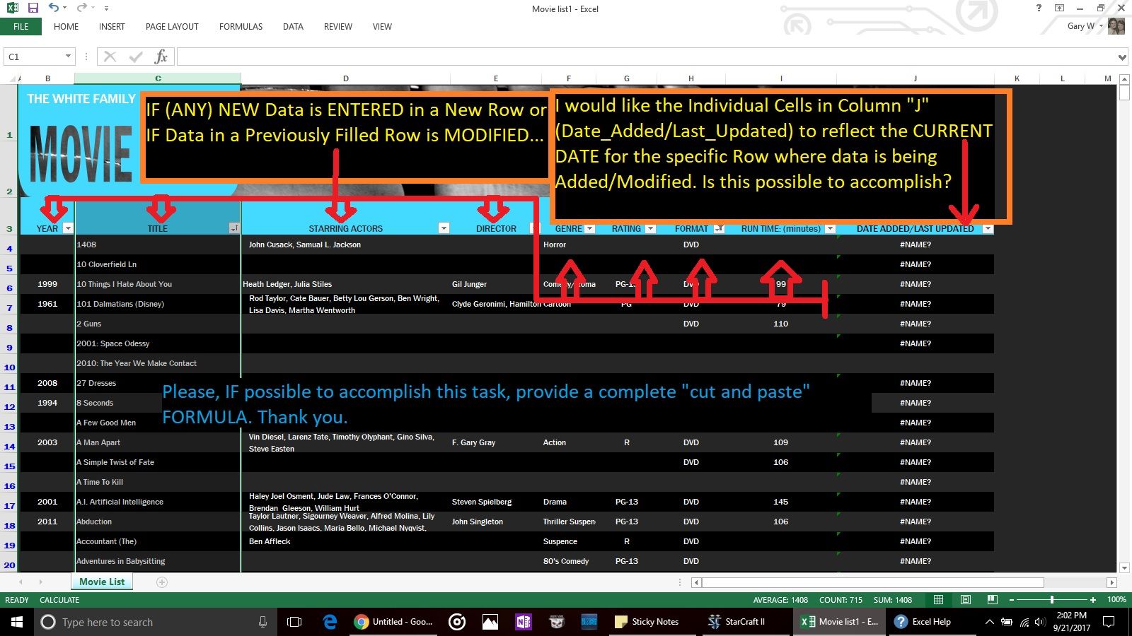 Modifying a "sample" Excel "Movie List" spreadsheet | Microsoft ...