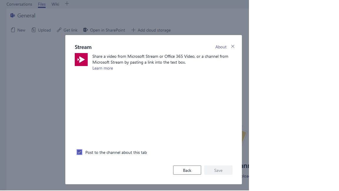 no text box when adding tab for Stream in Teams. | Microsoft Community Hub