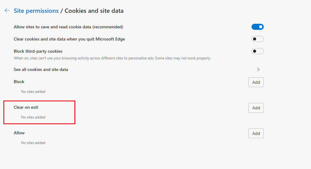 Clear on exit (cookies) | Microsoft Community Hub