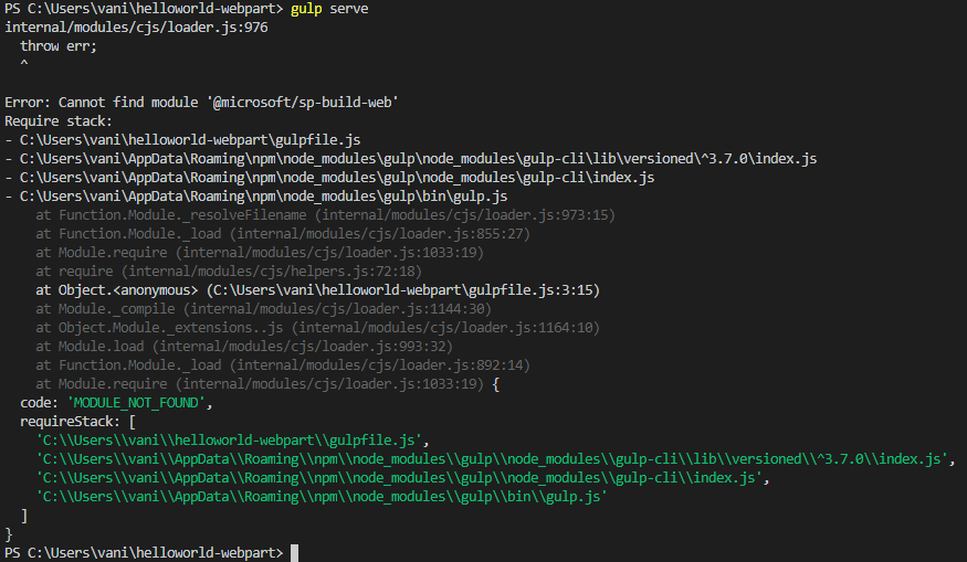 Error: Cannot find module '@microsoft/sp-build-web' | Microsoft Community Hub