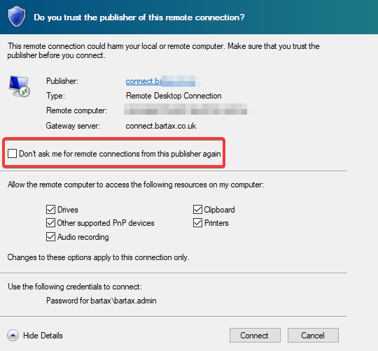 How to turn remote desktop connection prompt back on? | Microsoft ...