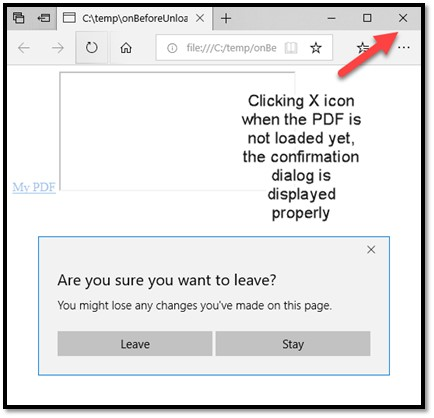 The onBeforeUnLoad event does not fire after the PDF is loaded and displayed in iFrame ...