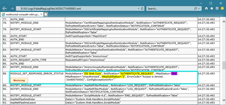 Reading a FREB log, a Failed Request Tracing: IIS request processing pipeline execution ...