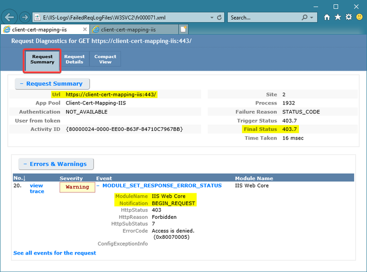 Reading a FREB log, a Failed Request Tracing: IIS request processing pipeline execution ...
