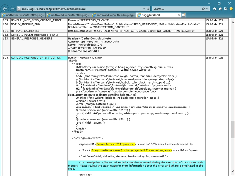Reading a FREB log, a Failed Request Tracing: IIS request processing pipeline execution ...