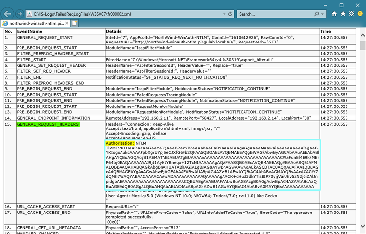 Reading a FREB log, a Failed Request Tracing: IIS request processing pipeline execution ...