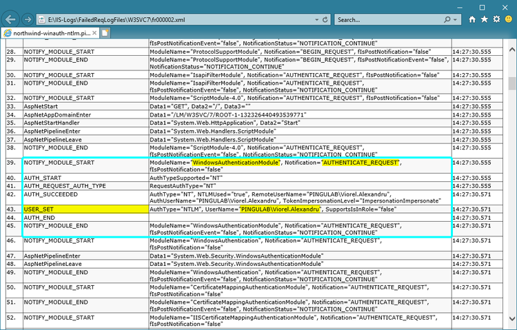 Reading a FREB log, a Failed Request Tracing: IIS request processing pipeline execution ...