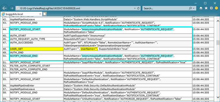 Reading a FREB log, a Failed Request Tracing: IIS request processing pipeline execution ...
