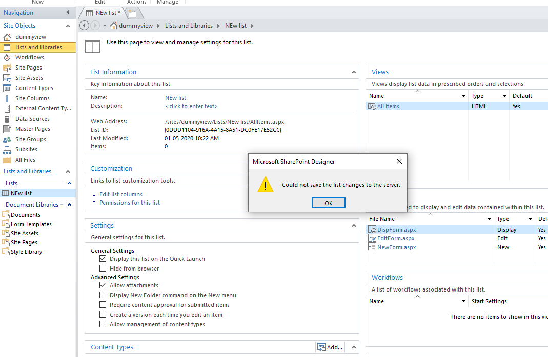 SharePoint Designer - Could not Save List changes to server | Microsoft Community Hub
