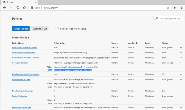 Bug in Edge Policy Handling: This policy is blocked - its value will be ...