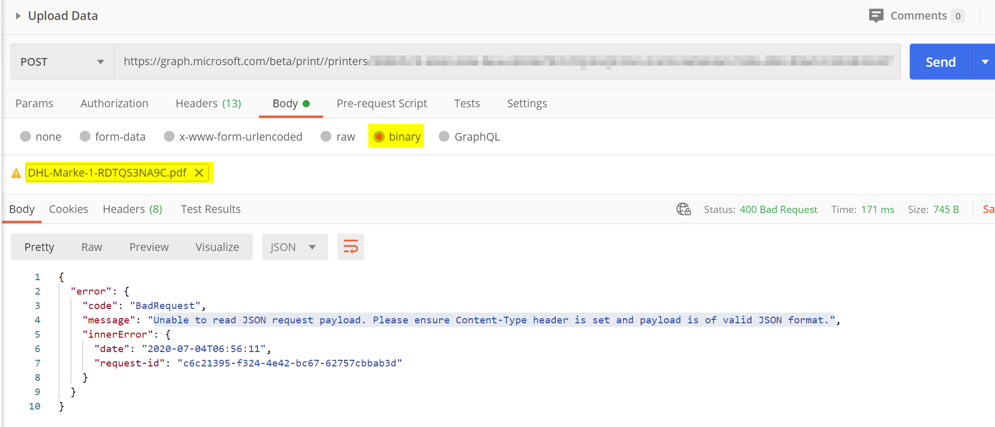 How to upload document data via POSTMAN? | Microsoft Community Hub