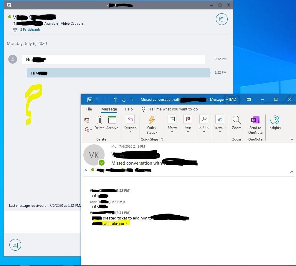 While actively messaging next message shows in Outlook as "Missed ...