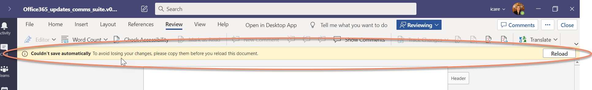Word online/web - reviewing mode results in re-load error | Microsoft Community Hub