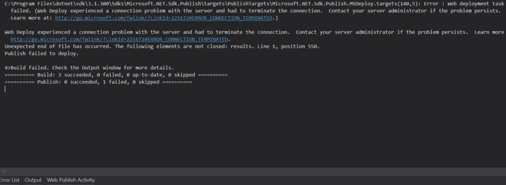 Web Deploy issue ERROR_CONNECTION_TERMINATED