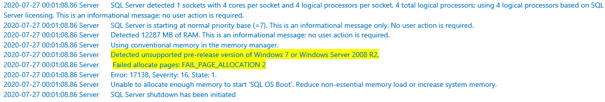 SQL Service failed to start because of 'Detected unsupported pre ...