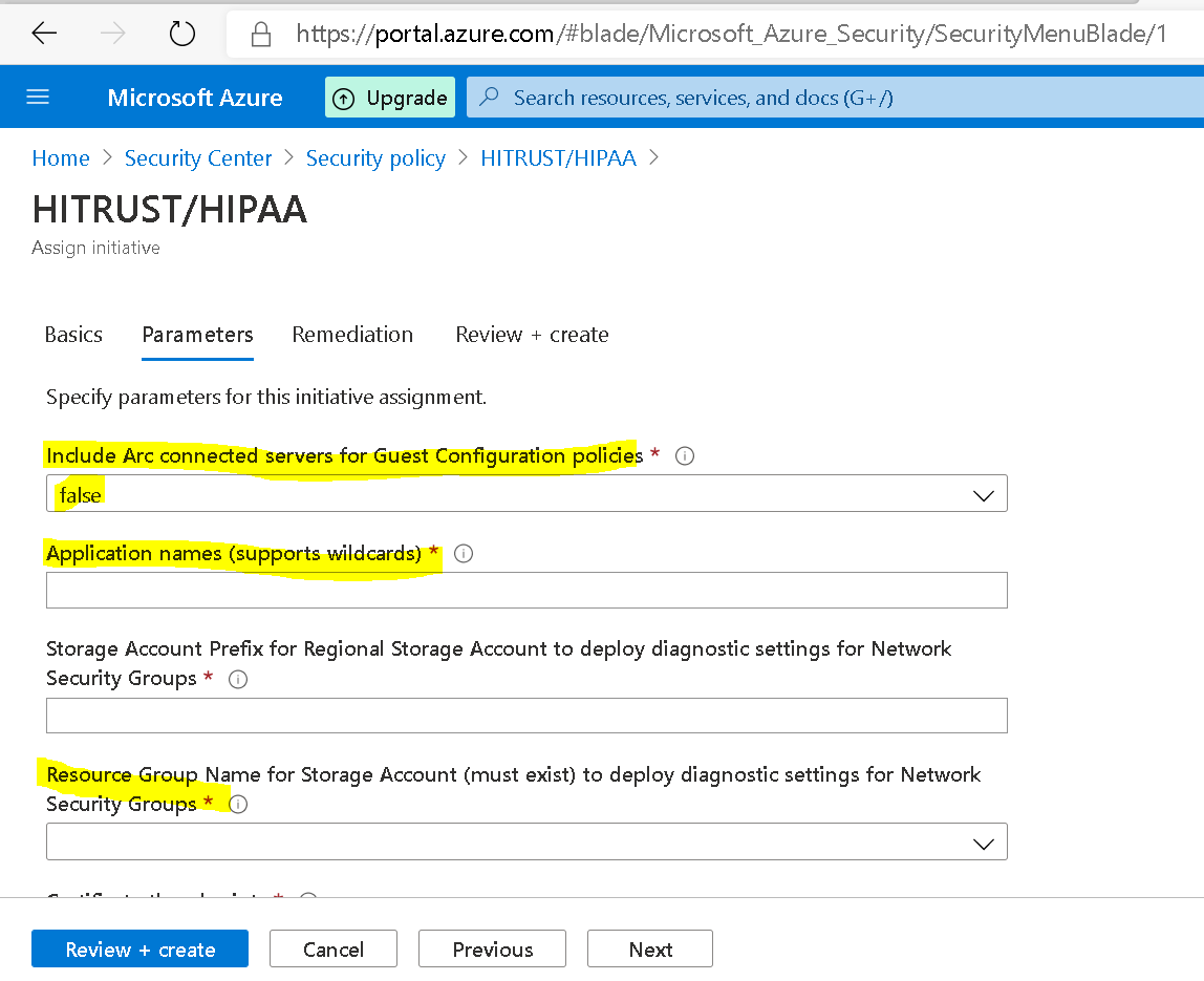 How to configure HIPAA in Azure Security Center - Issue in Configuration parameters | Microsoft ...