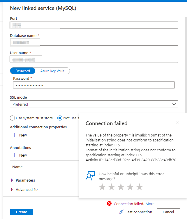 Connection Failed - new linked services azure data factory | Microsoft ...