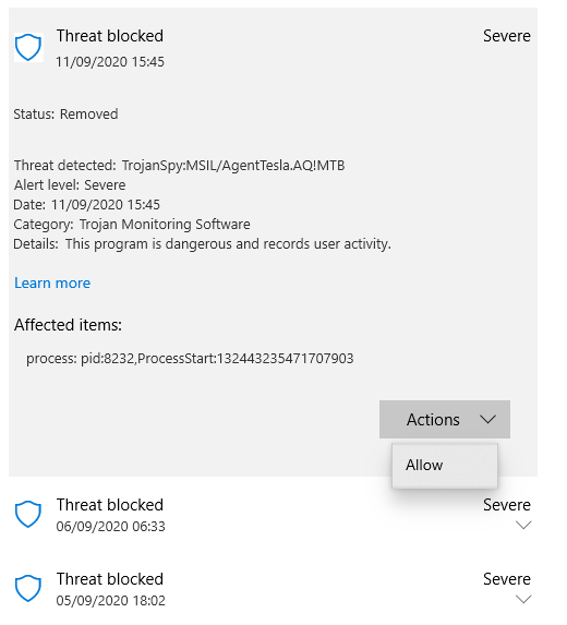 Malware/Threat TrojanSpy:MSIL/AgentTesla.AQ!MTB: False positive ...