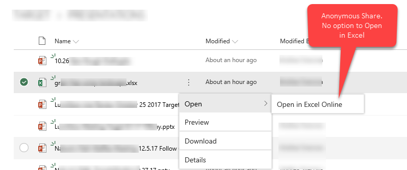 Anonymous Sharing: No option to Open file in Excel client | Microsoft ...