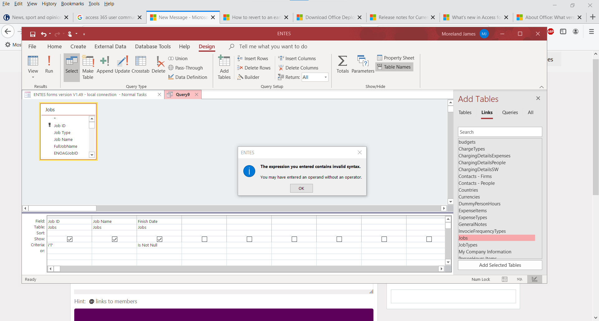 Access 365 version 2009 build 13231.20262 query design view syntax ...