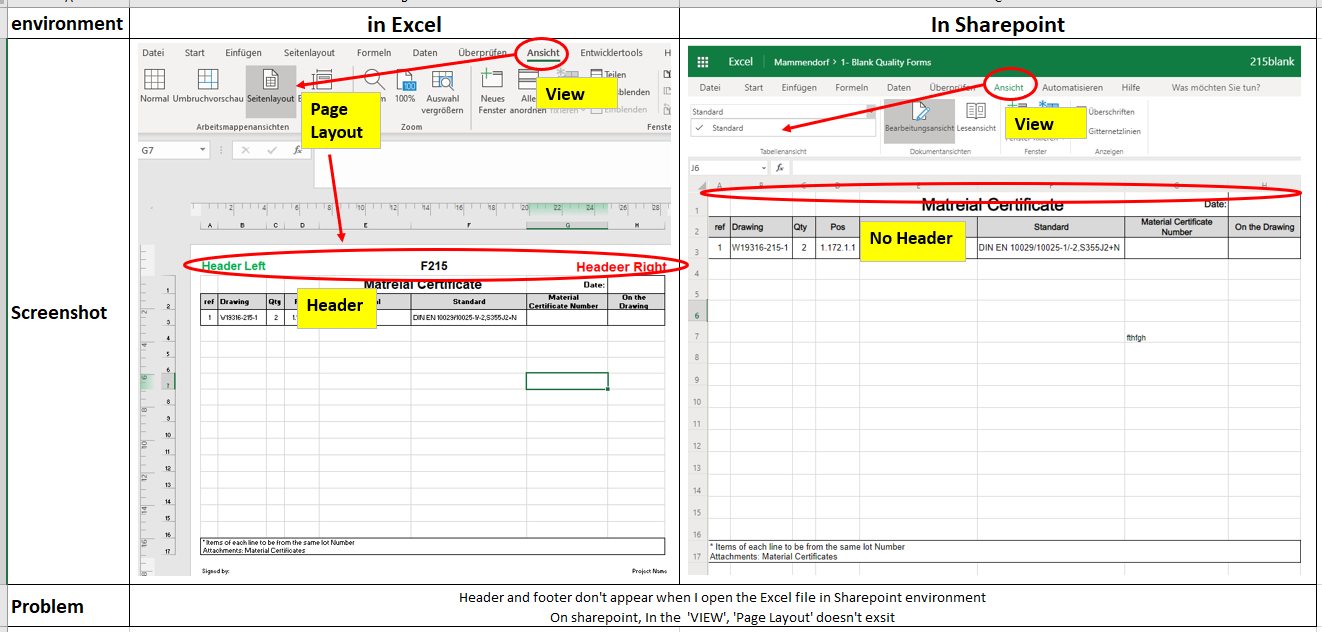 Header won't appear when I open the Excel file on SharePoint. How can I add Page Layout View ...
