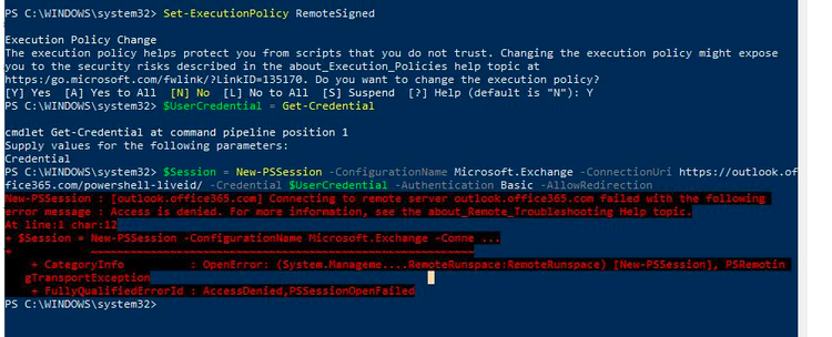 EXCHAGE ONLINE POWERSHELL: FullyQualifiedErrorID:AccessDenied,PSSessionOpenFailed | Microsoft ...