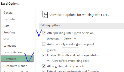My enter button in Excel 365 does not cause the cell to go down? How ...