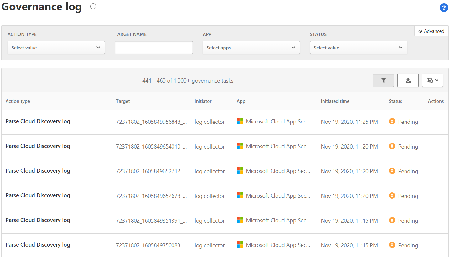 Governance log showing many pending logs uploaded from the log ...