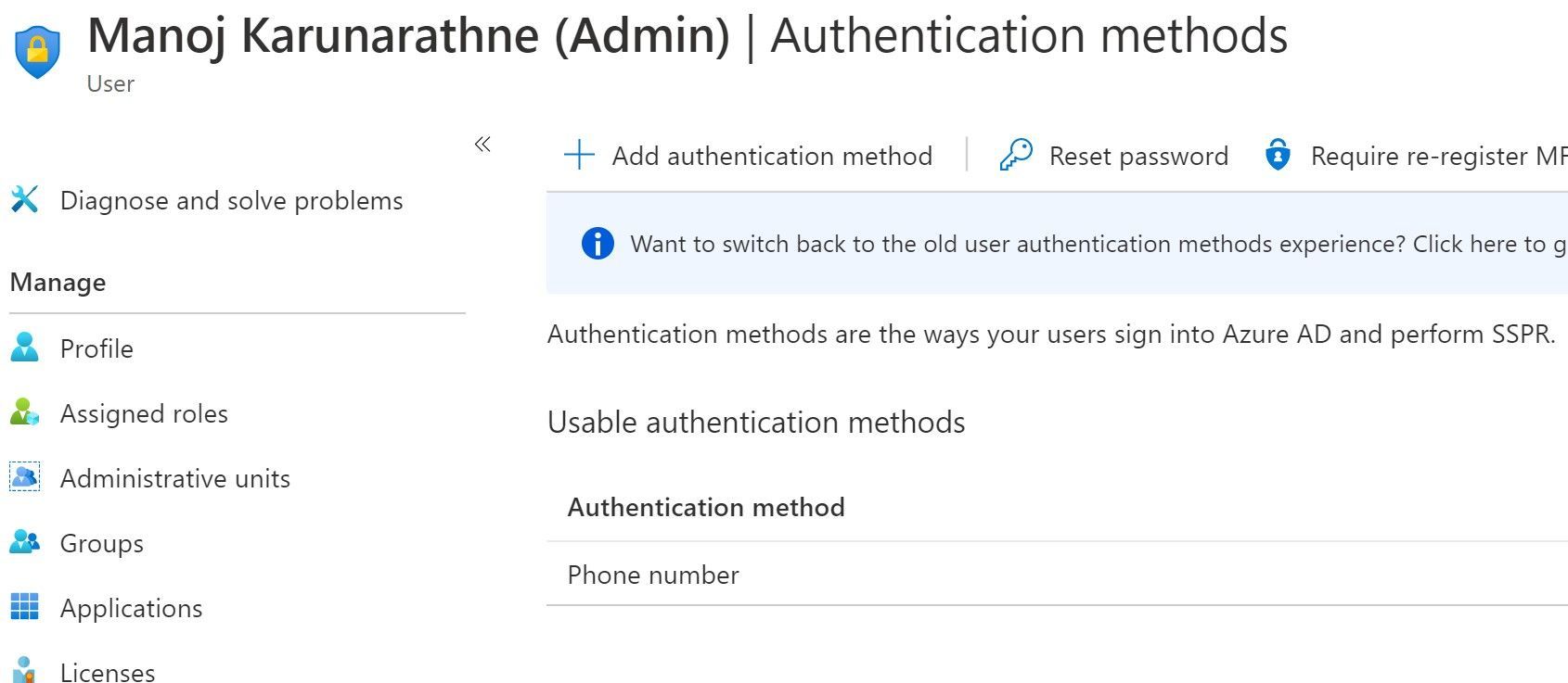 A user's Azure MFA Authentication methods shows differently to admins ...